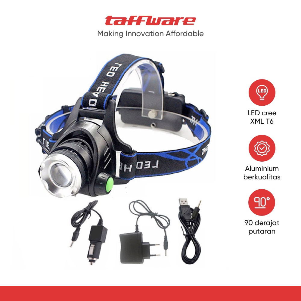 Jual TaffLED High Power Headlamp LED Cree XML T6 + Charger - 568D | Shopee Indonesia