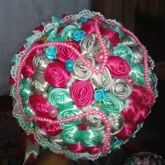 Jual Promo buket bunga pernikahan pengantin 3 warna tosca pink fanta ...