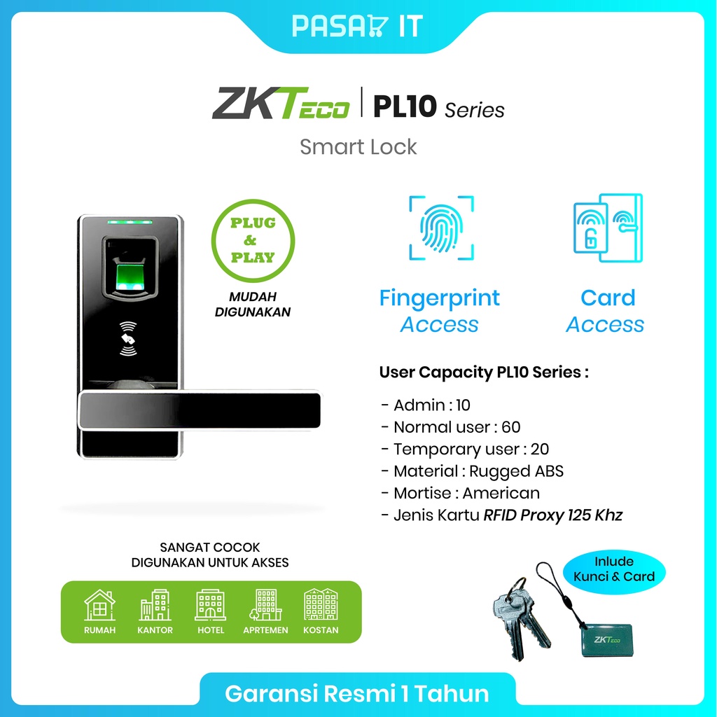 Jual Smart Home Door Lock Handle Pintu ZKTeco PL10 RFID Proxy ...