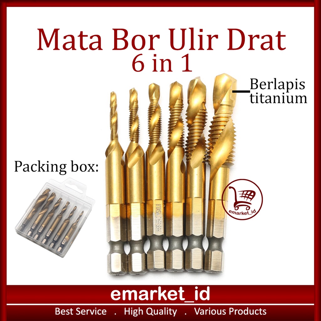 Jual Mata Bor Ulir Drat 6in1 Berlapis Titanium / Tap Drill Hex Shank ...
