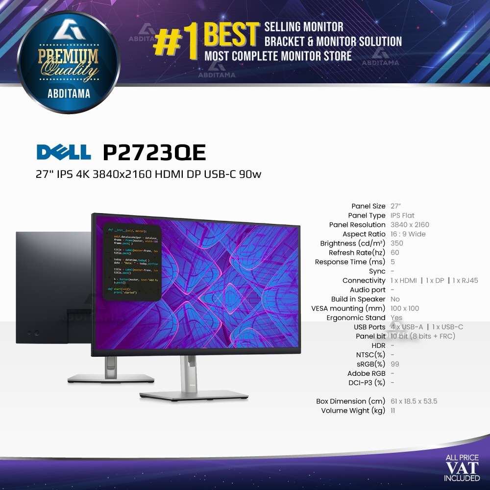 Jual Monitor LED Dell P2723QE 27" IPS 4K 3840x2160 HDMI DP USB-C 90w ...