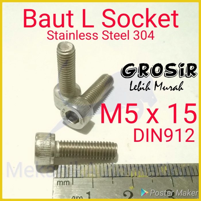 Jual Pengencang-Mur-Baut- Baut L M5 X 15 Hex Socket Sus304 -Baut-Mur ...