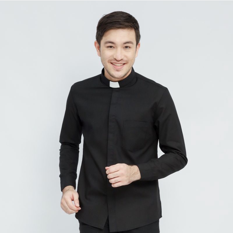 Jual Pendeta - Kemeja Collar Hitam polos - Cotton Tropical - Jos ...