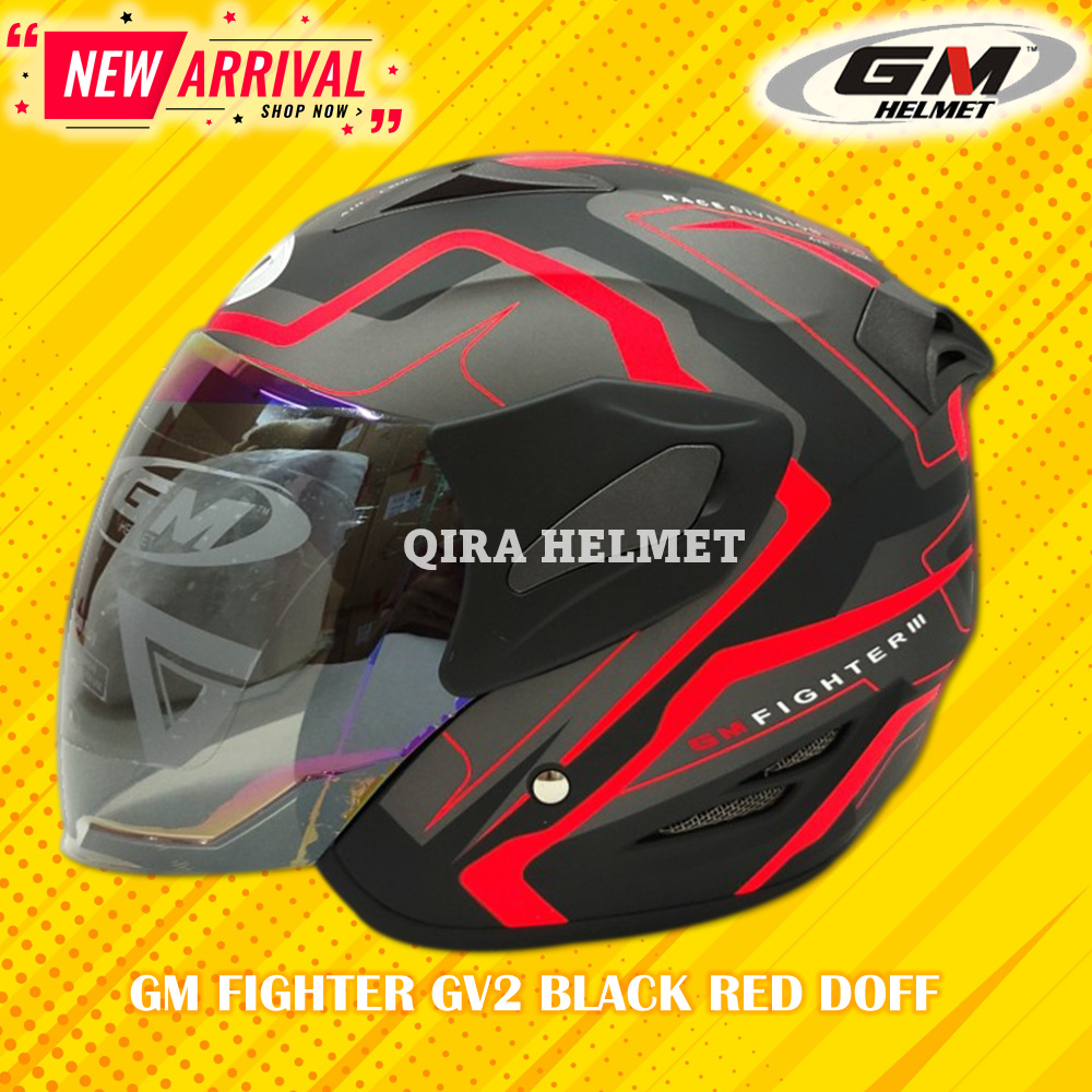 Jual Helm GM Fighter GV2 Black Red Doff Half Face Motor SNI Helem ...