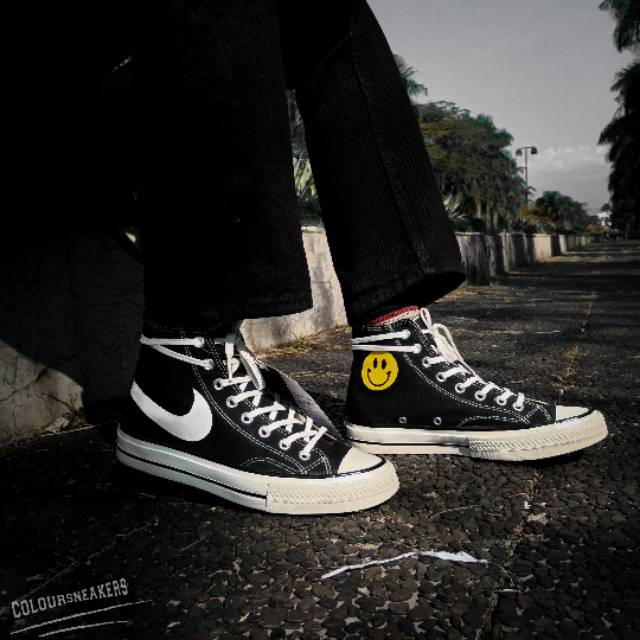 Jual Sepatu Sneakers Converse 70s Hi Black White Swoosh | Shopee Indonesia
