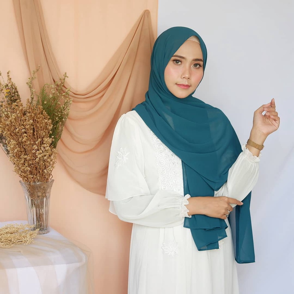 Jual kerudung jilbab PASHMINA segi empat panjang bahan CERUTY babydoll warna biru tosca polos ...
