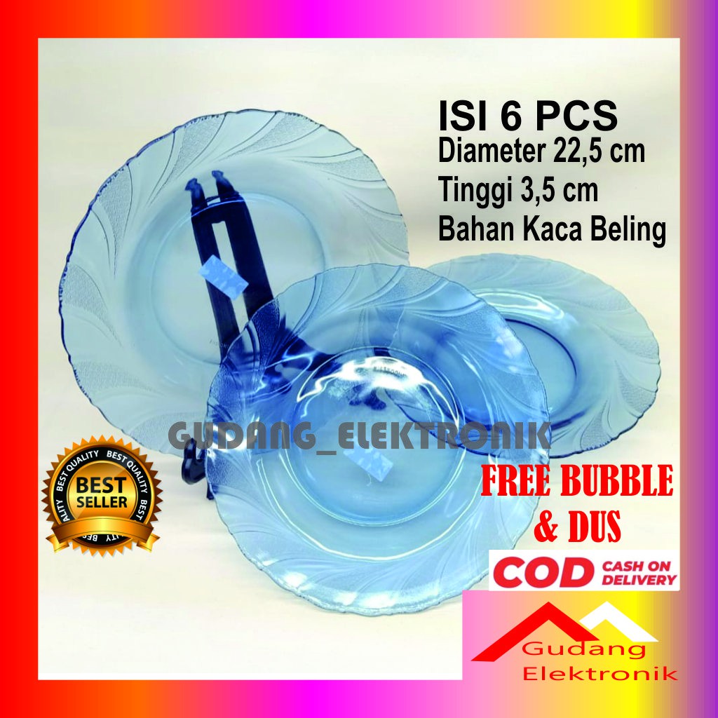 Jual Piring Makan Kaca Bening Isi 6 Pcs Ukuran 22,5 Cm Murah Cantik BBC ...
