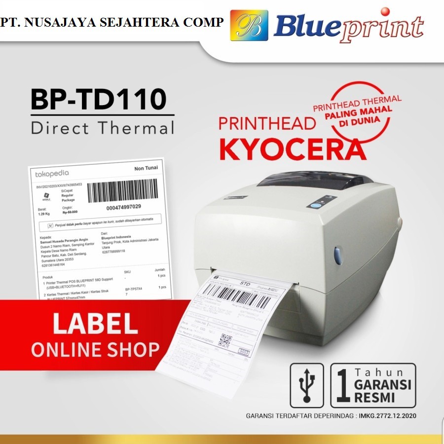 Jual Printer Barcode Thermal Printer Label Resi A6 BLUEPRINT TD110 ...