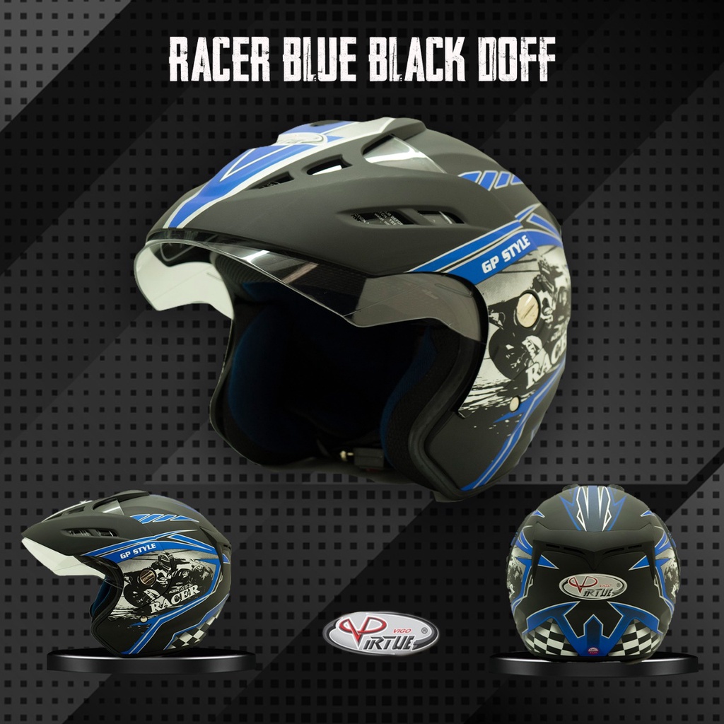 Jual VIRTUE Helm Motor SNI Half Face Racer Blue Black Gloss | Shopee ...
