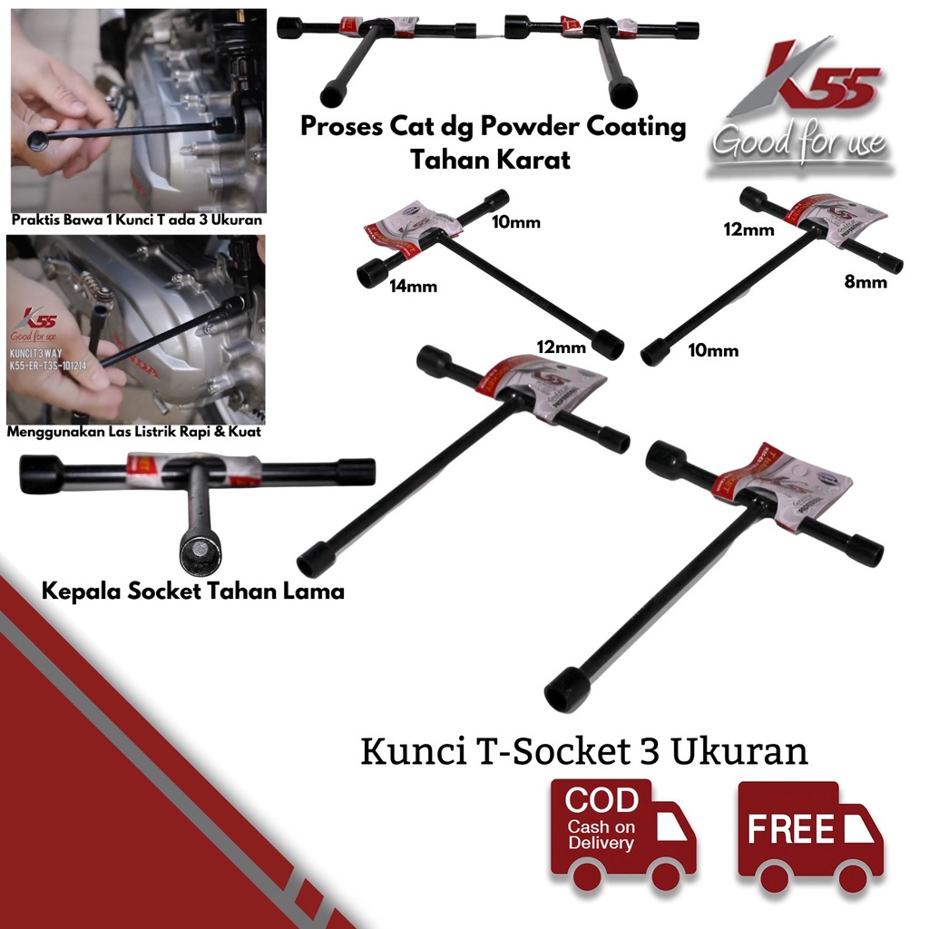 Jual K55 KUNCI T-SOKET 3 UKURAN / T- SOCKET HANDLE 3-way - 8x10x12mm ...