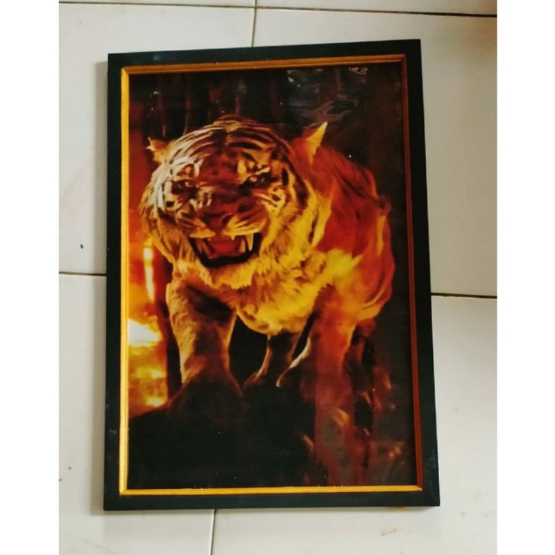 Jual Hiasan dinding lukisan cetak harimau api uk 65×45 plus bingkai ...