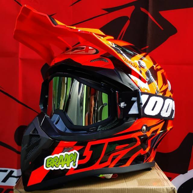 Jual Helm Cross JPX Fox1 motif X12 Red Fluoroscent + goggle 100% murah ...