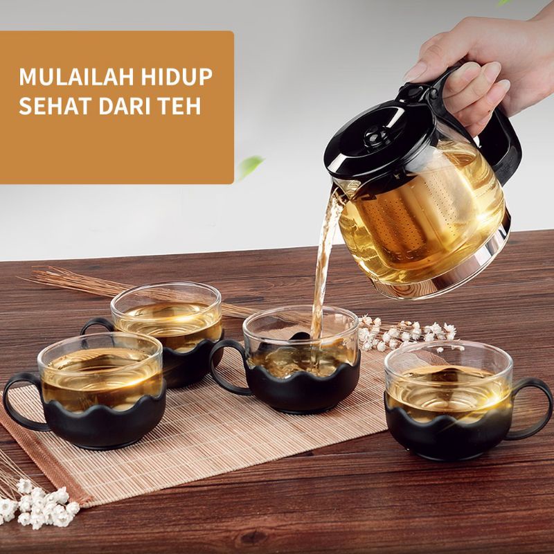 Jual MINISO Teko Set Teapot Kaca Set 5 In 1 (1 Teko dengan saringan & 4 ...