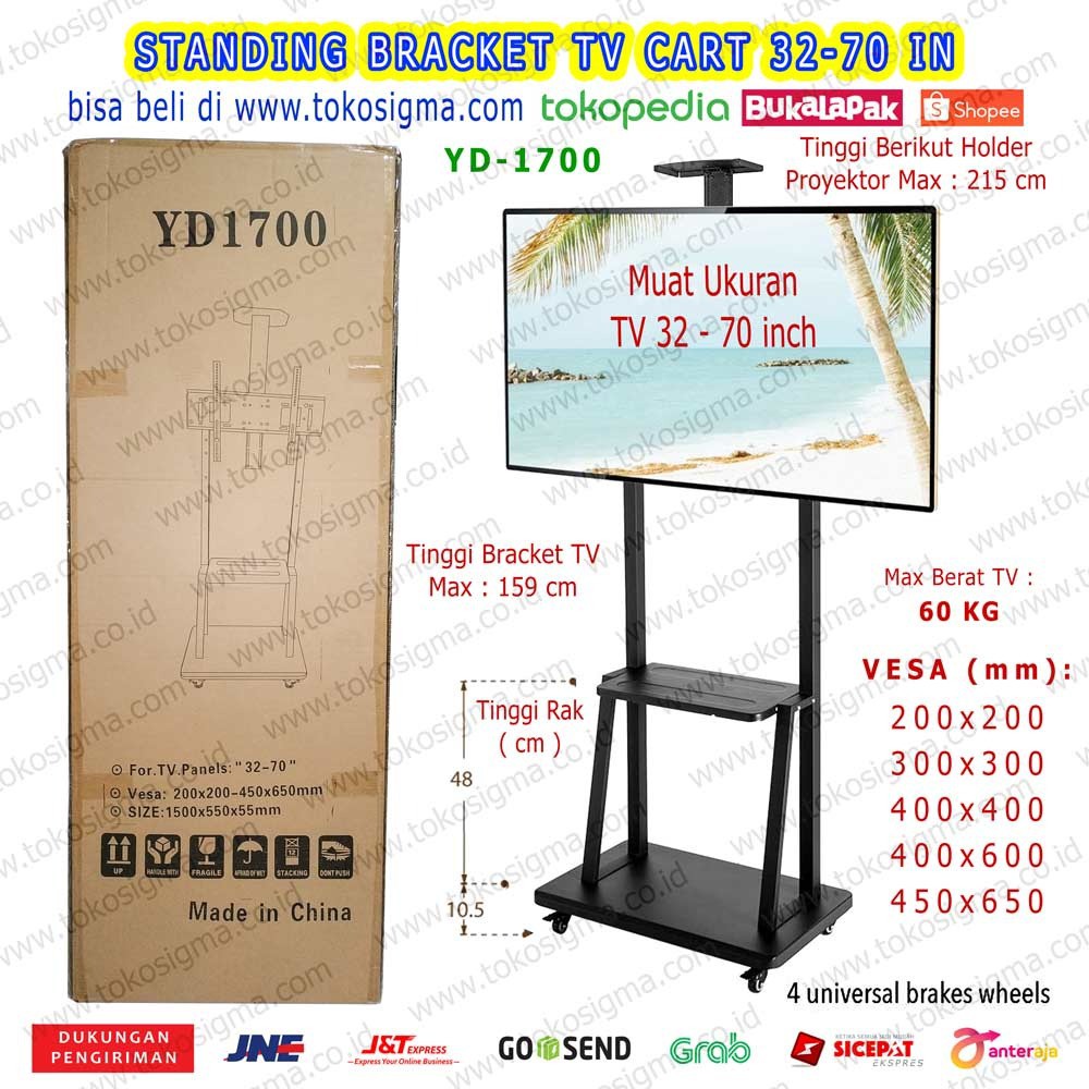 Jual BRACKET TV STANDING BERDIRI RODA PORTABLE RACK YD1700 FLAT TV 32 ...