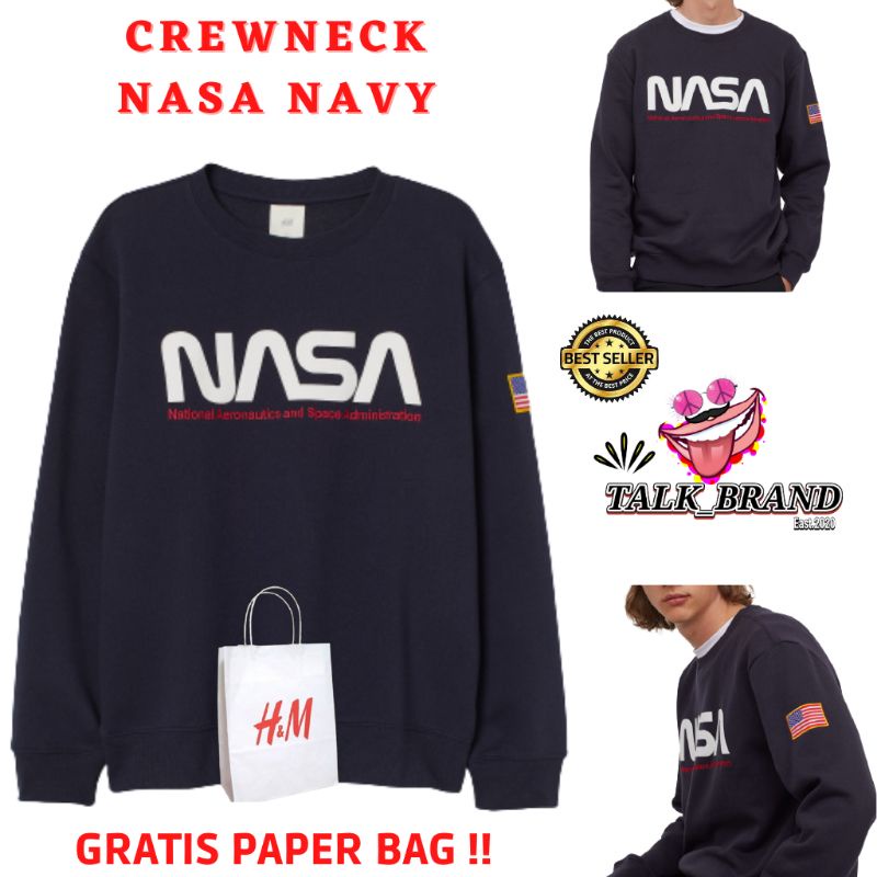 Jual Crewneck H&M Nasa flag logo Navy Sweater Hnm Nasa logo biru navy ...