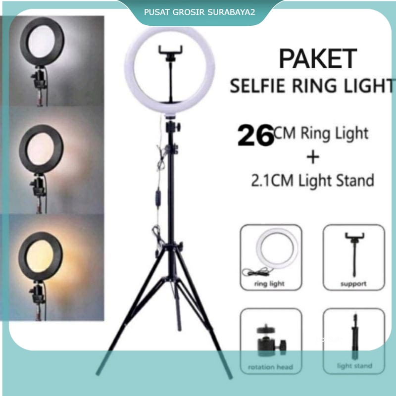 Jual PAKET KOMPLIT RINGLIGHT 26CM + TRIPOD 2,1 METER MAKE UP VLOG LAMPU ...