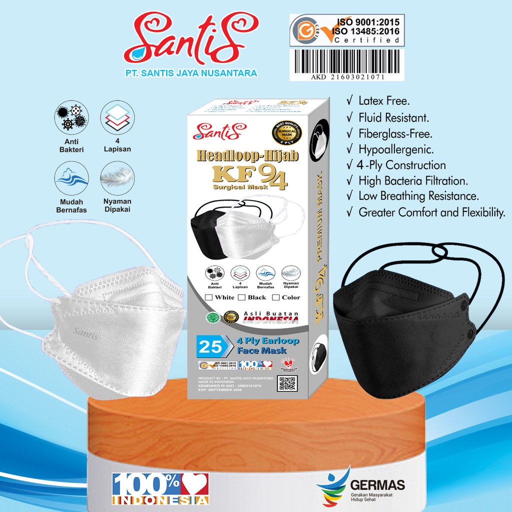 Jual Masker KF94 Headloop Medis/ Hijab Premium/Medis 4 ply SANTIS (isi 25 pc) | Shopee Indonesia