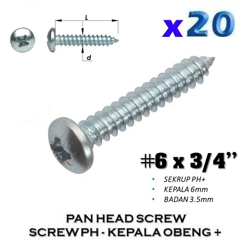 Jual x20 Sekrup Baut TAPPING PH+ 6 x 3/4 Skrup Kepala Bulat Kayu ...
