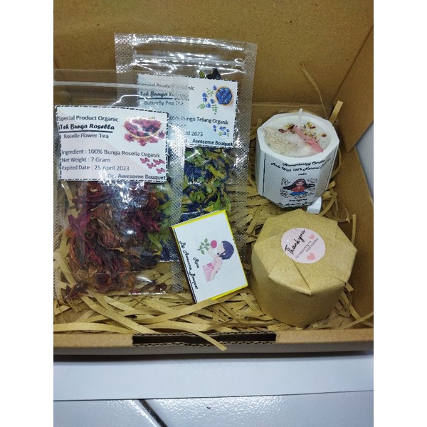 Jual hampers lilin aromaterapi, gift, teh bunga, rossela, butterfly pea ...
