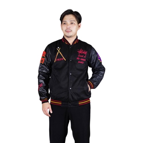 Jual JAKET PRIA - JAKET VARSITY HITAM LEATHER - JAKET BOMBER BASEBALL ...