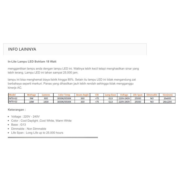 Jual Bohlam LED T8 Lampu TL LED T8 IN LITE T8 / IN LITE LED T8 / INLITE ...