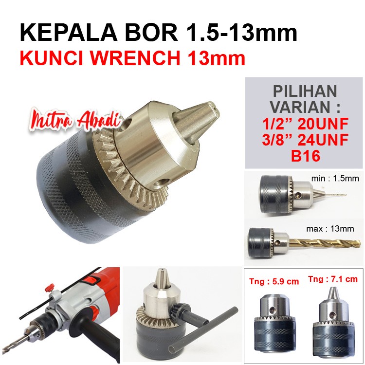 Jual Kepala Bor / Drill Chuck 1,5 - 13 mm + Kunci 13 mm | Shopee Indonesia