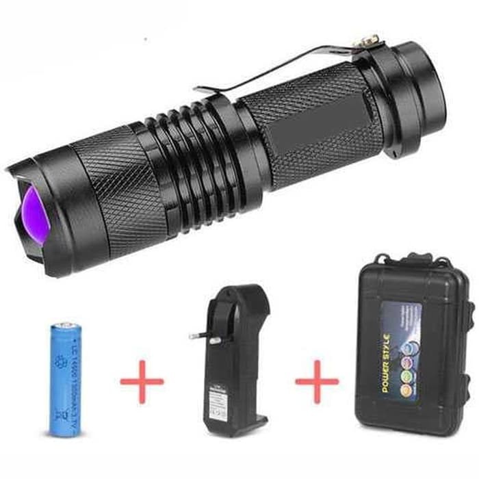 Jual Paket Senter LED Cree Q5 395nm UV Ultraviolet Ungu Box Baterai Charger | Shopee Indonesia