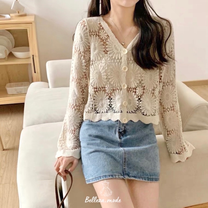 Jual Korean Crochet Cardigan long puffy sleeves top kardigan Korean ...