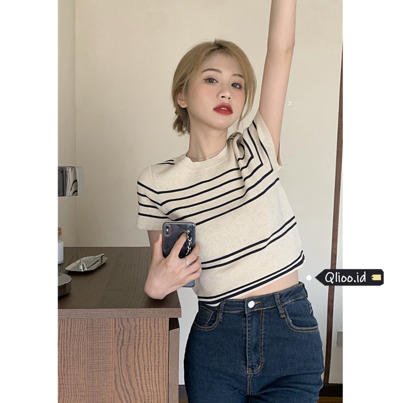 Jual Kaos Rajut Lengan Pendek Garis-garis Wanita Korean Style Knit Crop ...