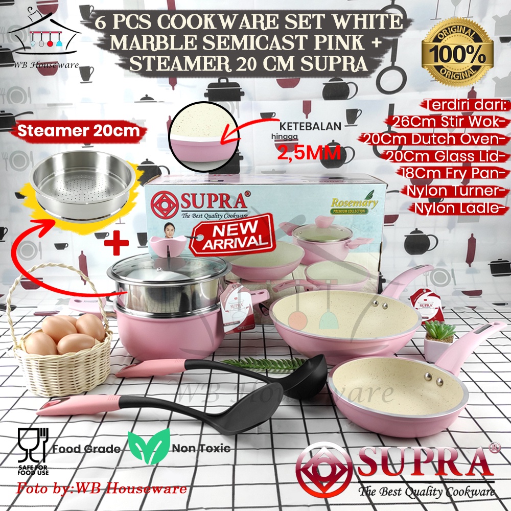 Jual panci set supra 6pcs white marble pink + steamer / cookware set ...