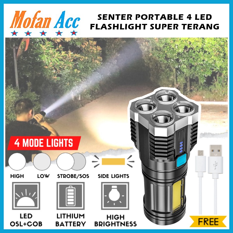 Jual Senter Portable 4 LED + COB Light Super Terang / Senter Penerangan ...