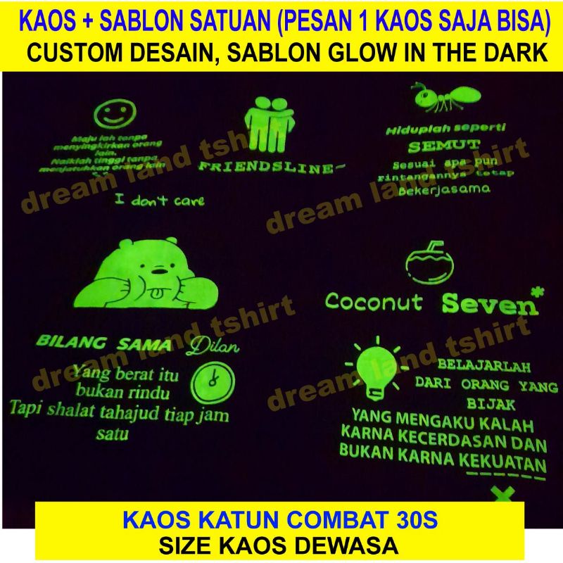 Jual Kaos Sablon Satuan Glow In The Dark (Kaos Custom Satuan, Desain Sesukamu) Katun Combed 30s ...
