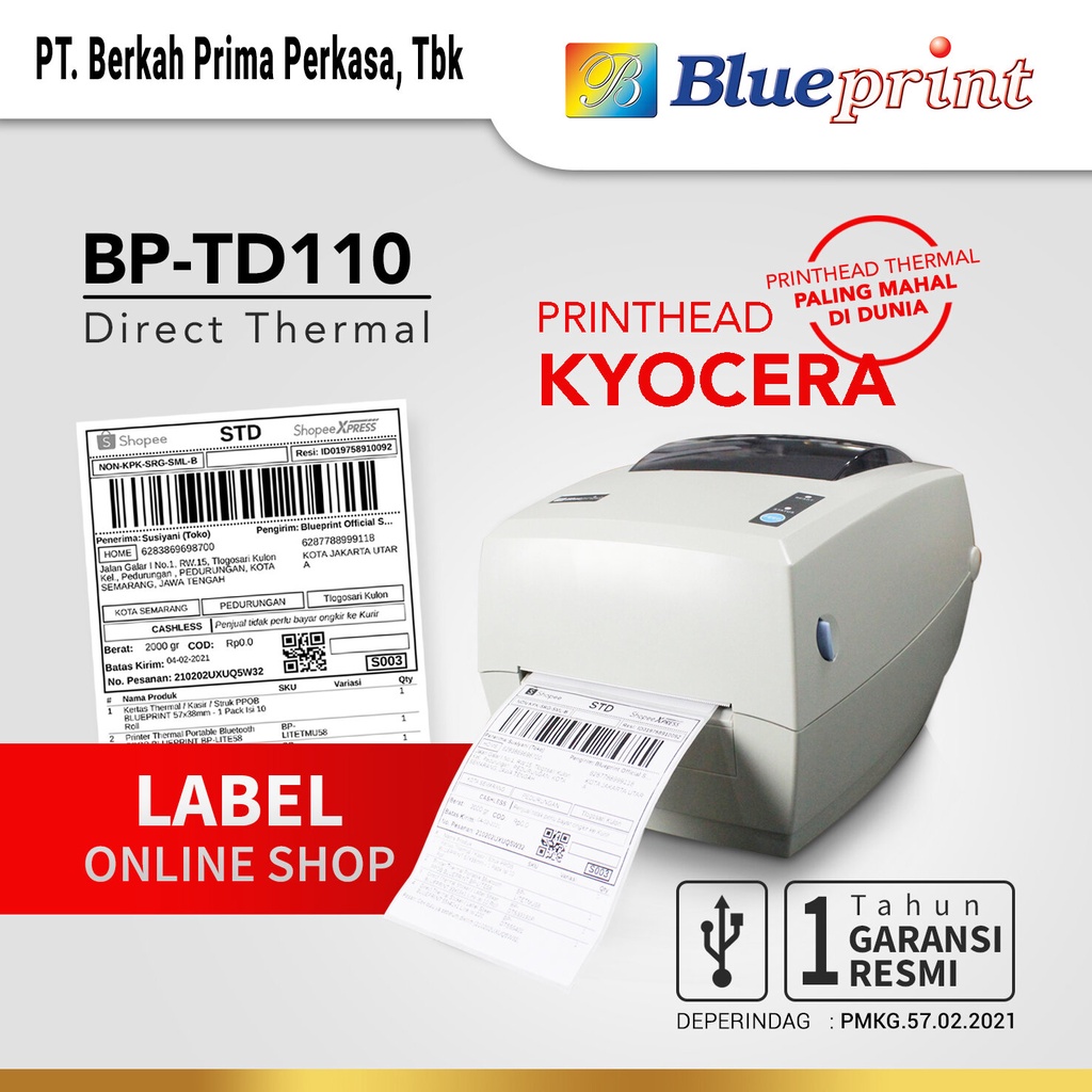 Jual Printer Barcode Thermal Printer Label Resi A6 BLUEPRINT BPTD110 - USB - PRINTER TD110 ...