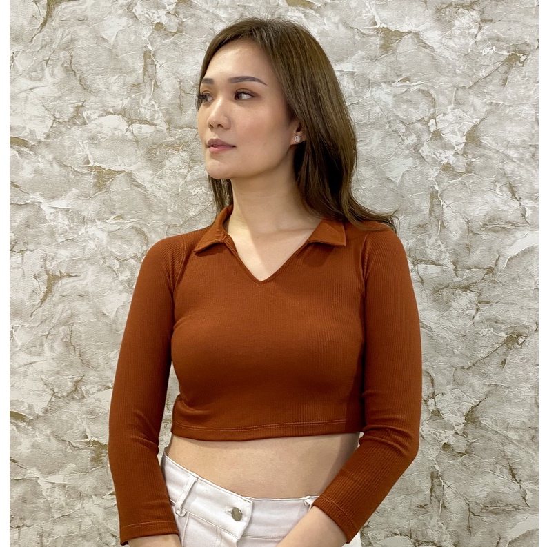 Jual MODAVIE - TAVIA CROP TOP Longsleeve Korea Knit Polo Crop Tee Baju Atasan Wanita Basic Tee ...