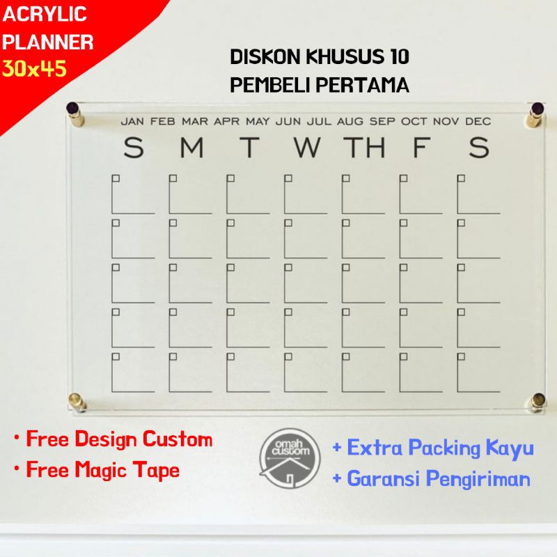 Jual Akrilik Monthly Planner Jadwal Bulanan Free Custom Design Tulisan ...