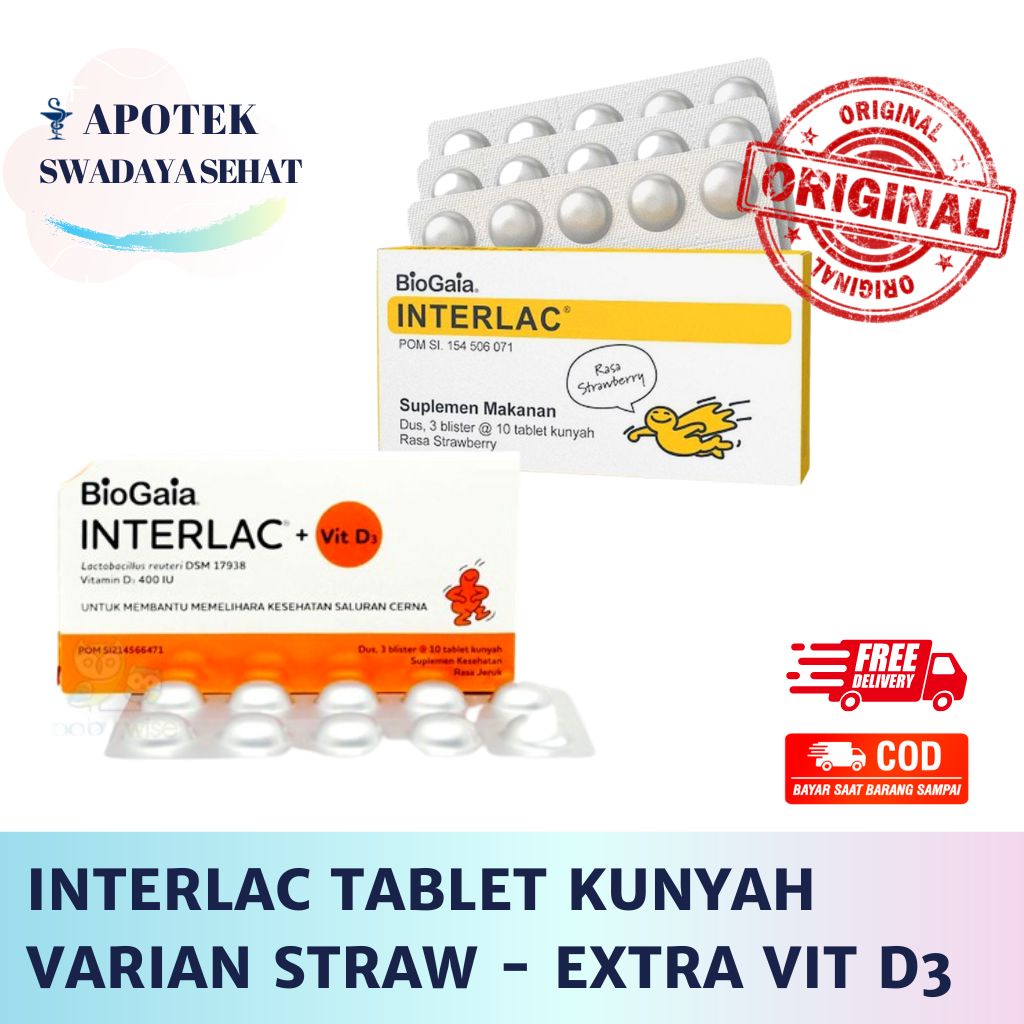 Jual INTERLAC Tablet Kunyah Strawberry - Extra + Vit D3 Rasa Jeruk ...