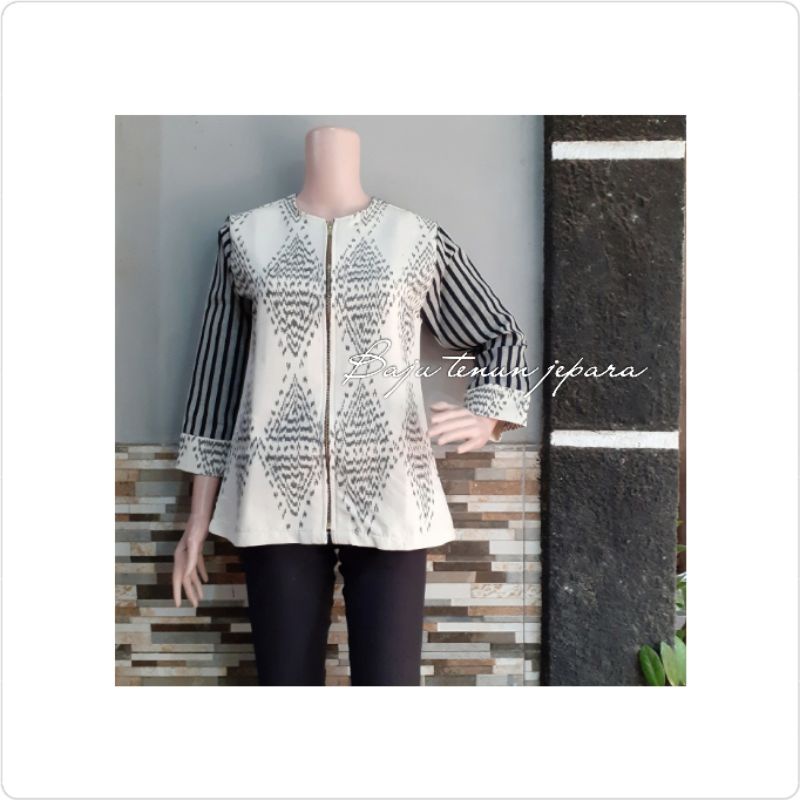 Jual Blouse Blazer tenun resleting jaket super premium tenun mix lurik ...
