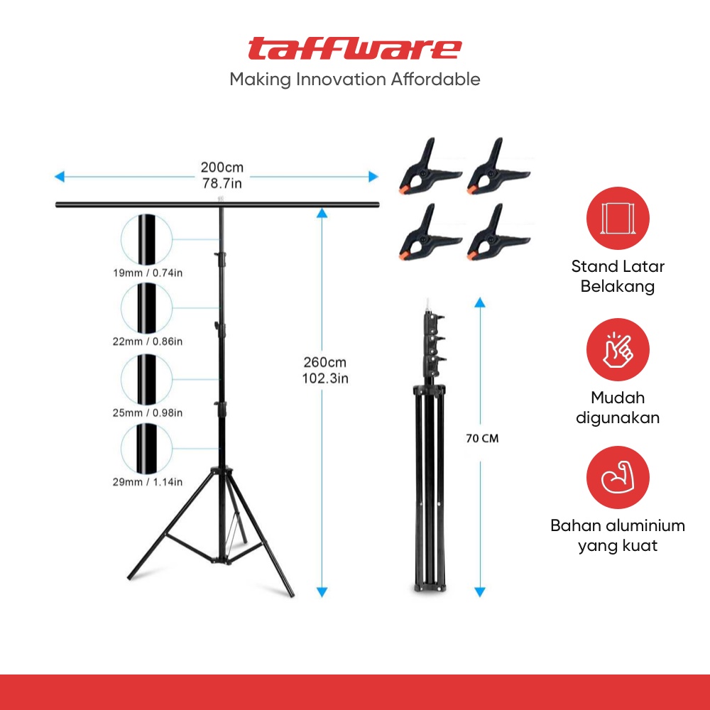 Jual TaffSTUDIO Stand Background Backdrop T-Shape 200x260cm 4 Clamp ...
