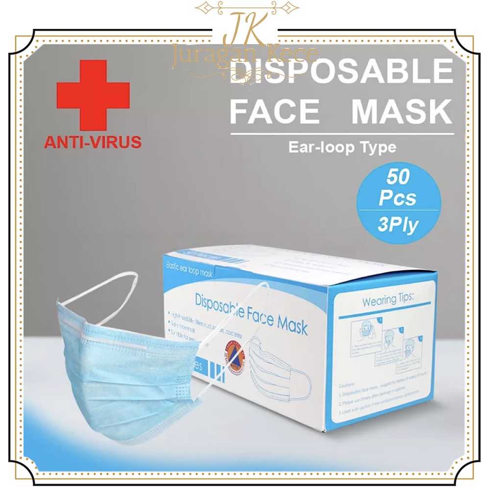 Jual Masker 3 Ply Biru 1 BOX ISI 50 PCS Masker Mulut 3ply Earloop ...