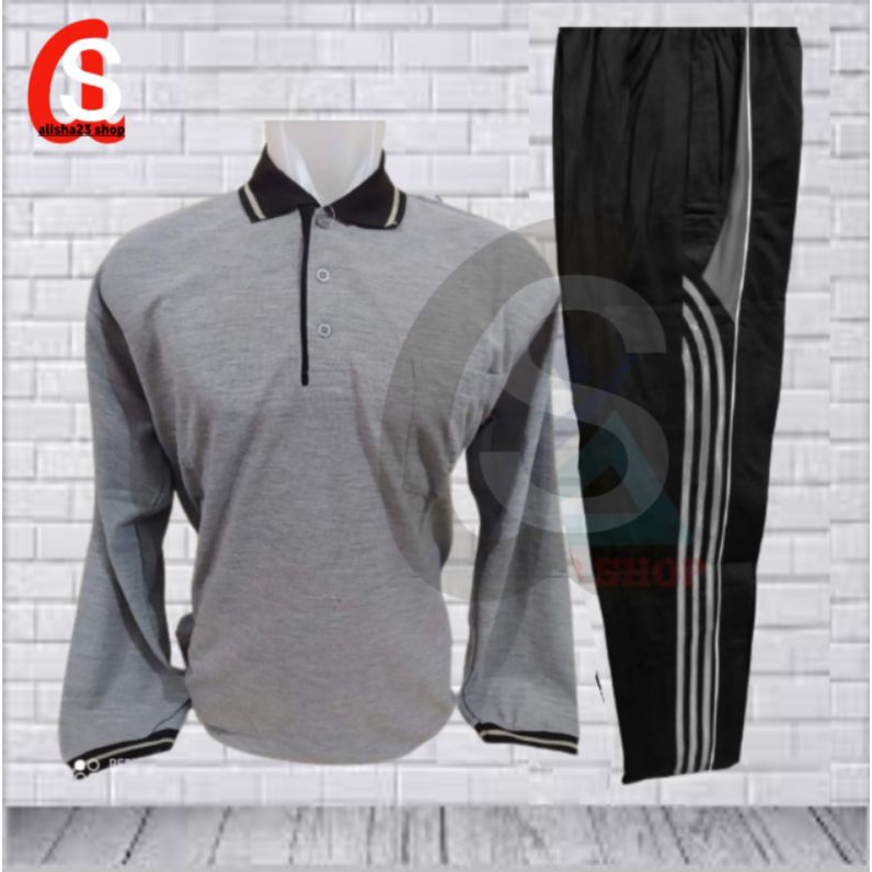 Jual setelan kaos hitam berkerah lengan panjang pria/ set trening hitam abu kaos kerah lengan ...