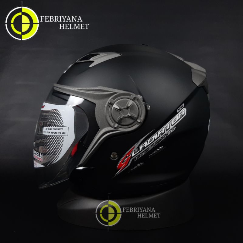 Jual HELM NHK GLADIATOR SOLID BLACK DOFF HALFFACE DOUBLE VISOR | Shopee ...
