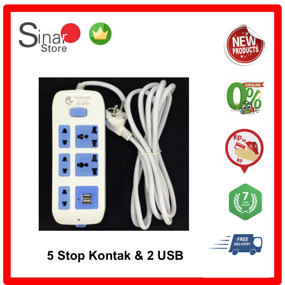 Jual Stop Kontak - Colokan Power Strip 5 Socket 2 USB Charging 2 Meter | Shopee Indonesia