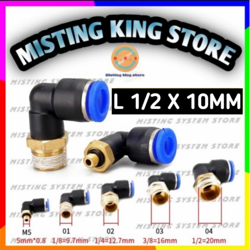 Jual FITTING PNEUMATIC ELBOW 1/2 X 10 MM KONEKTOR L DRAT LUAR 20MM KE SELANG PU 10MM RO 3/8 ...
