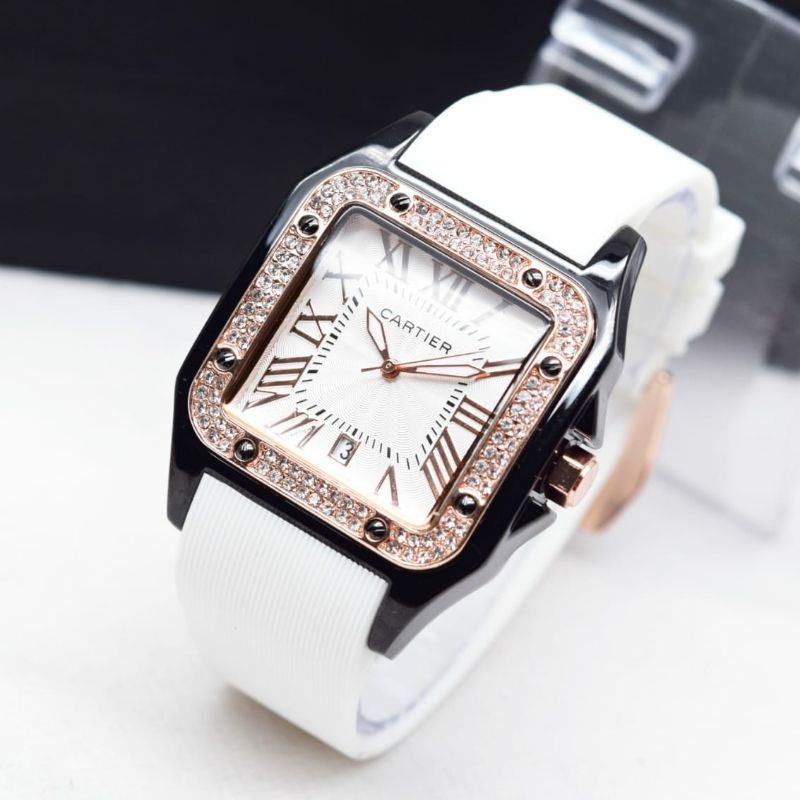 Jual jam tangan wanita Cartier body hitam diamond rubber tgl aktif DM3 ...