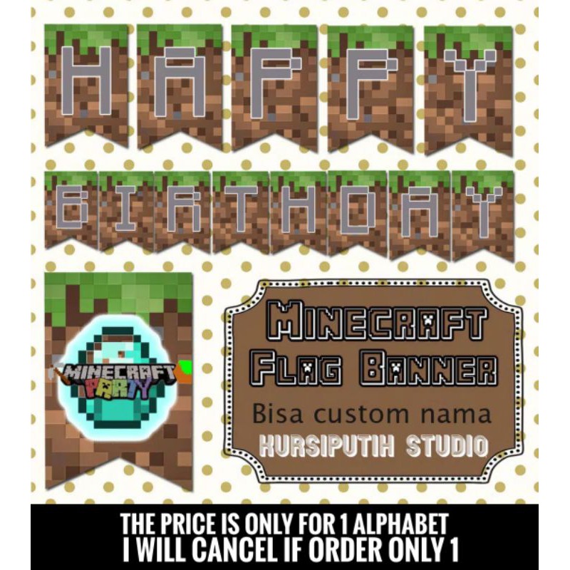 Jual flag banner birthday tema minecraft bisa custom huruf | Shopee ...