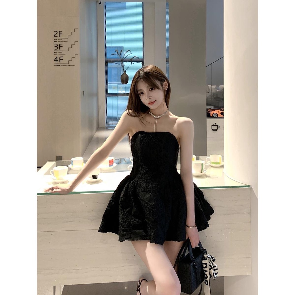 Jual gaun gaya korea hitam hepburn tube top dress french warna solid ...