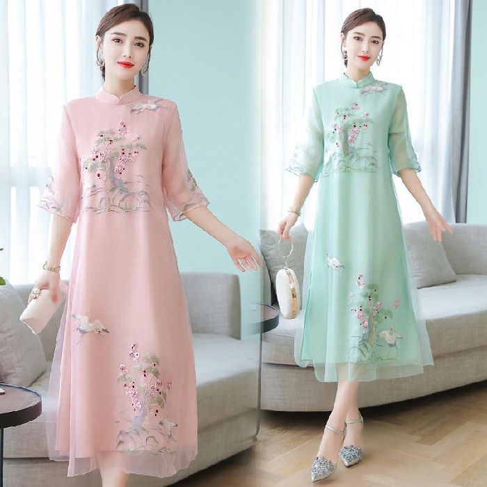 Jual [exquisite embroidery] improved cheongsam dress summer fat sister ...
