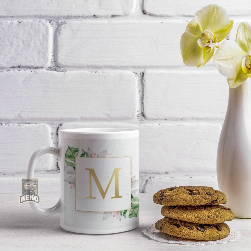 Jual Mug Keramik Custom Nama Tema Frame gold dan Leaf Greenery | Shopee ...