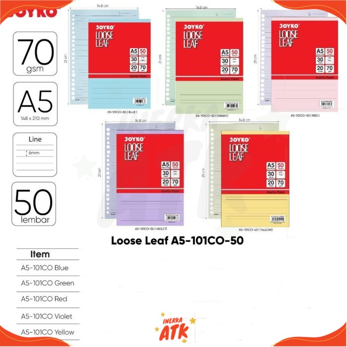 Jual Loose Leaf Warna Joyko A5-101CO-50 Isi 50 Lembar Warna Blue Green Red Violet Yellow Biru ...