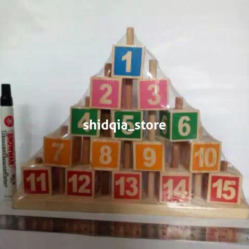 Jual Mainan Kayu Edukasi Menara Balok Susun Piramid hijaiyah, angka dan ...